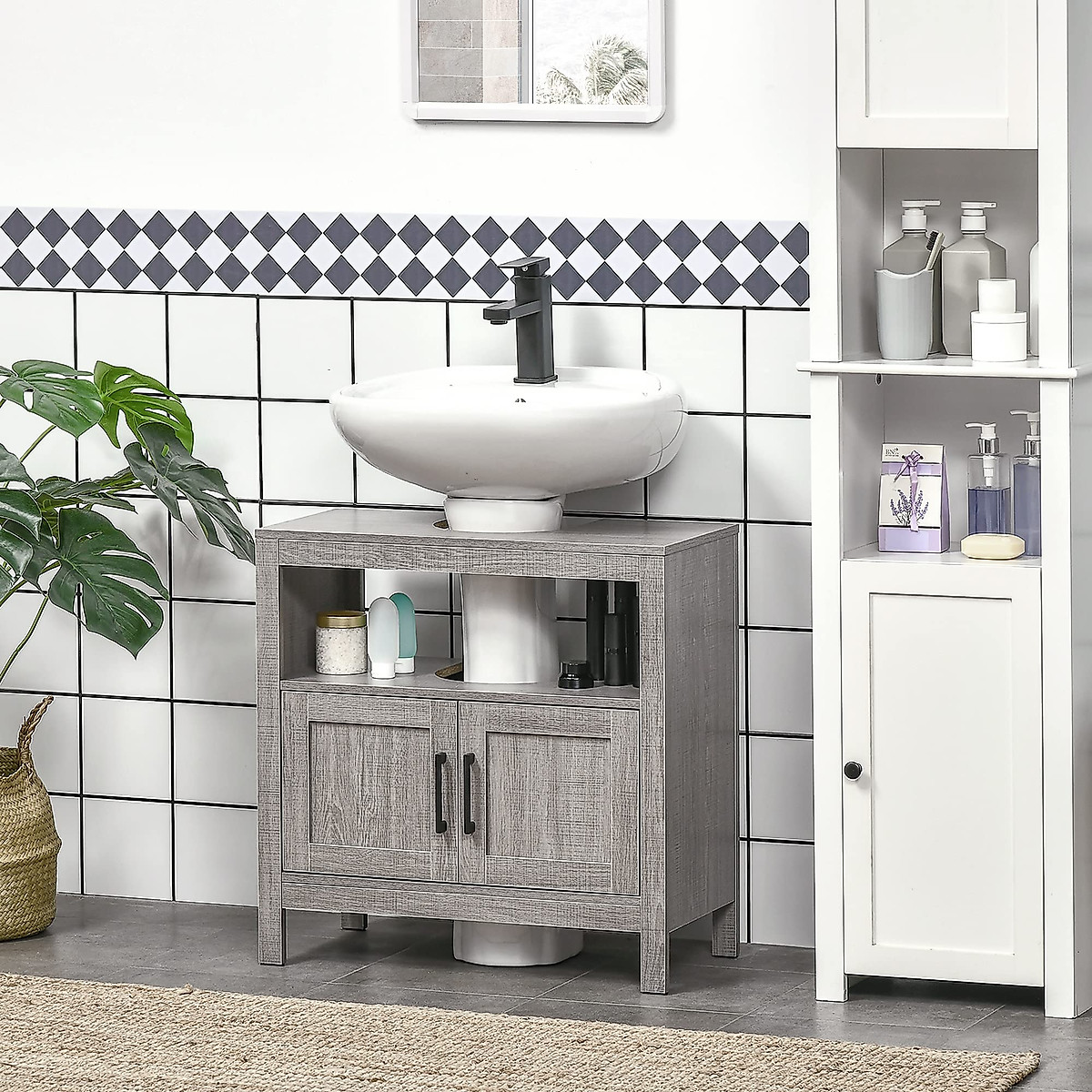 kleankin Pedestal Sink Storage Cabinet, Bathroom Under Sink Cabinet with 2 Doors and Open Shelf, Bathroom Vanity, Space Saver Organizer, Grey