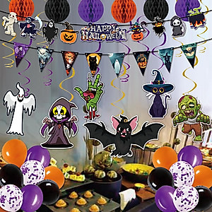 2024 Halloween Birthday Party Decoration,Cute Halloween Garland Bunting Banner Triangle Flag with Foil Swirl Ceiling Hanging Cards,Pumpkin Ghost Witches Bat Spider Skull Sticker