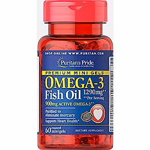 Puritans Pride Omega-3 Fish Oil 1290 mg Mini Gels (900 mg Active Omega-3) Per Serving-60 Coated Softgels