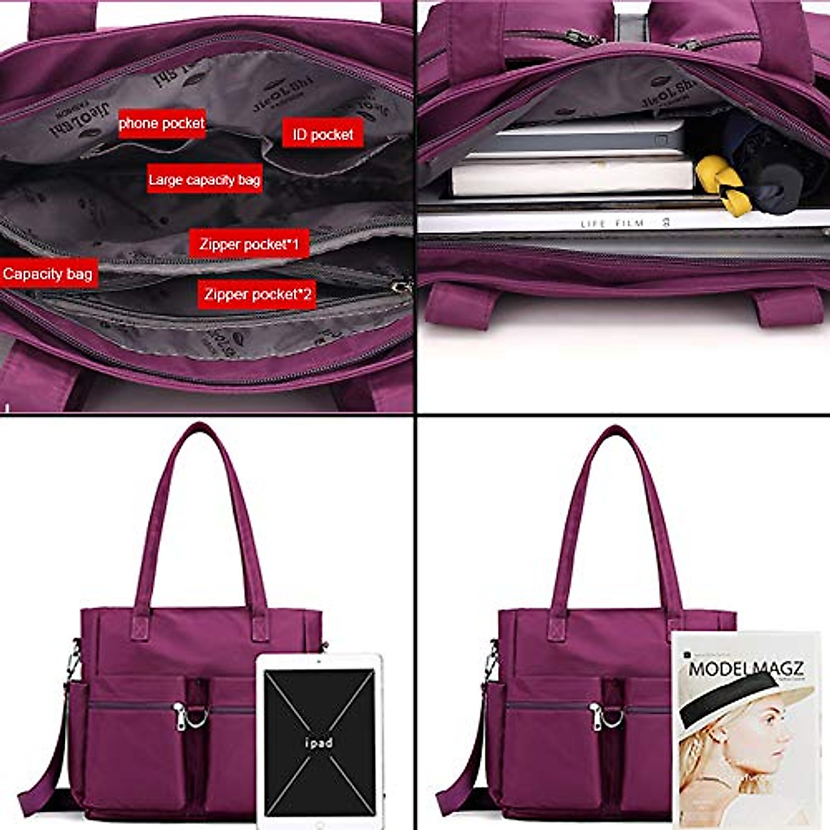 Dayfine Nylon Tote Bags for Women Waterproof Shoulder Bag Satchel Casual Handbags Lightweight Purse Multiple Pockets Bag-Purple
