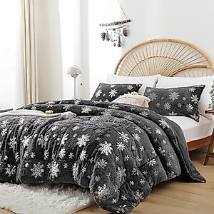 YIRDDEO Grey Duvet Cover Queen with Silver Snowflake 3 Pieces Christmas Bedding Duvet Cover Sets for Queen Size Bed Soft Microfiber Duvet Winter Plush 2 Pillow Cases