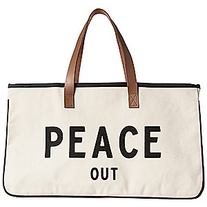 Santa Barbara Design Studio Tote Bag Hold Everything Collection Black and White 100% Cotton Canvas with Genuine Leather Handles, Large, Peace Out