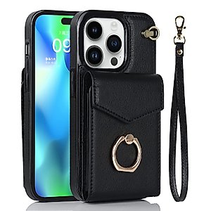 XYAJUANG Phone Case Compatible with iPhone 14 Pro（6.1''），Leather Accordion Folding Wallet &Card Holder with RFID Shielding Material Phone Case ，with Adjustable Ring Holder and Lanyard (Black)