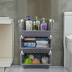 Utiao 3 Pack Gray Large Stacking Basket Bin, Open Front Stackable Storage Baskets