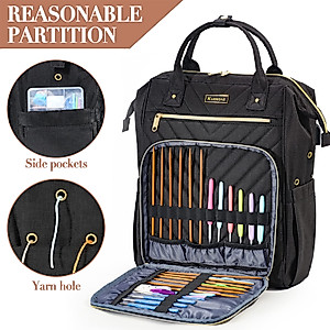 Knitting Bag Backpack, Yarn Organizer with USB Charging Port, Quilted Backpack for Women, Christmas Gifts Large Travel Crochet Bag Totes for Crochet Hooks, Knitting Needles, Yarn Supplies, Black
