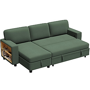 Flamaker 80" Sleeper Sofa, Sofa Bed with Built-in Large Storage and 2 Bookshelves, Convertible Sectional Sofa Couch, Pull Out Couch with USB, Modern Couches for Living Room (Corduroy, Green)