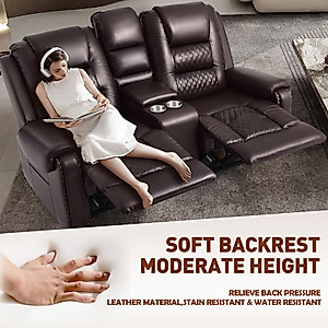 Large Massage Recliner Loveseat, Lumbar Heating Reclining Sofa Chairs, PU Leather, Ergonomic Living Room Chairs with Cup Holders, Remote Control, Brown