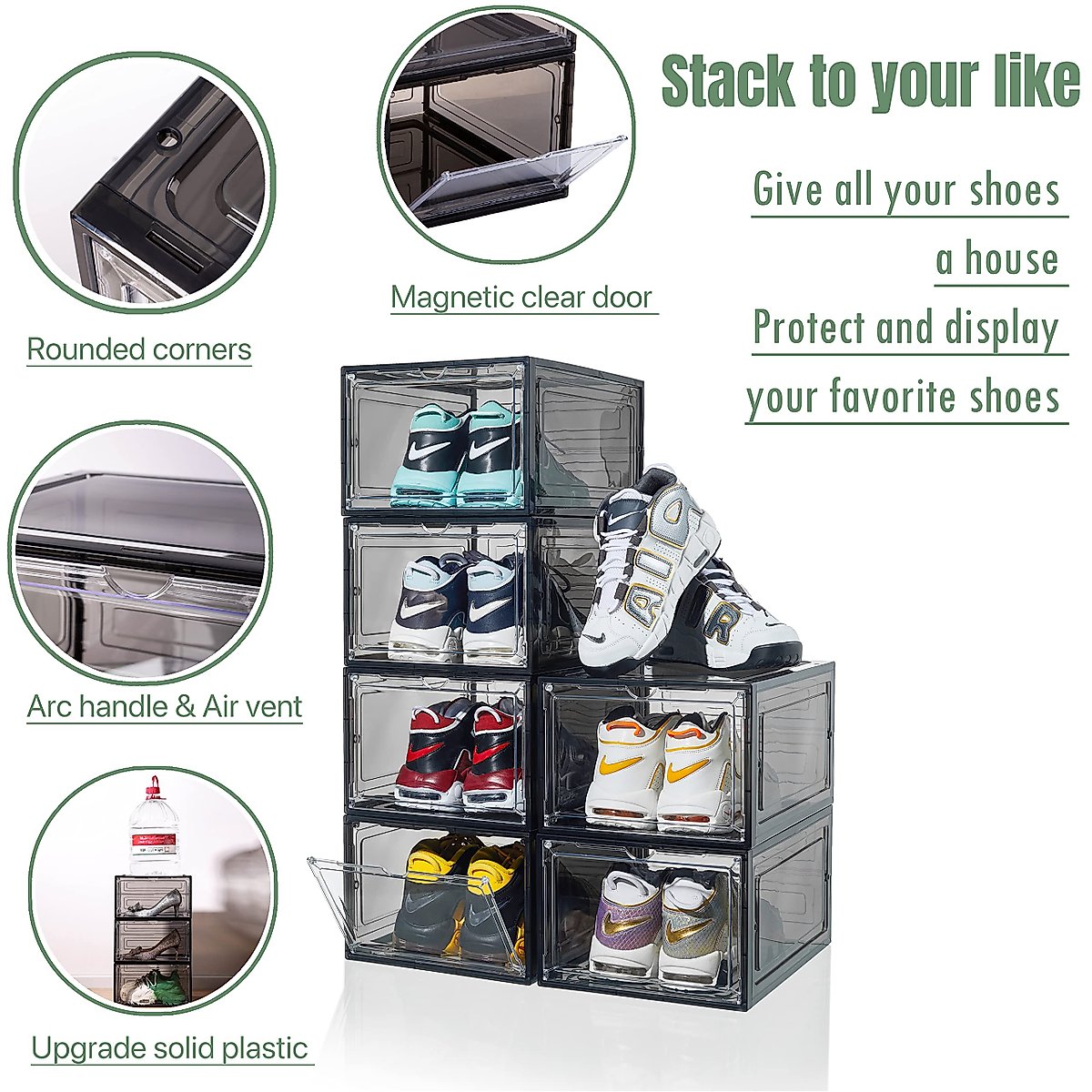 ZLLZUU Upgrade 8 Pack X-Large Shoe Storage Boxes with Clear Magnetic Doors Stackable Shoe Organizer with Solid Plastic Drop Front Shoe box for Sneaker Display, Fit up to US Size 12 (Black)