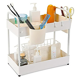 Kitchen Storage, Under Sink Organizer, NAYAHOSE 2 Tier Bathroom Storage Organizer Countertop with 4 Hanging Cups, 2 Handles, Under Cabinet Storage Tray Organize Holder, Makeups, Spices（white）
