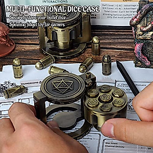 CZYY Metal Polyhedral Bullet Dice Set of 7 with Spinning Revolver Cylinder Container - Cyberpunk Style Dice for Warhammer 40K, D&D, Sci-Fi, War, or Crime Theme Tabletop Games (Bronze)