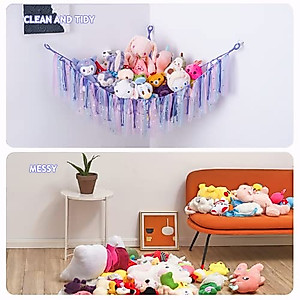 LONCHDAN Stuffed Animal Hammock, Stuffed Animal net or Hammock with LED Hammock for Stuffed Animals Storage Macrame Netting Plushie Hanging Corner for Nursery Bedroom (Purple)