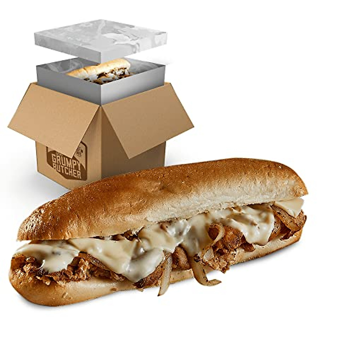 Grumpy Butcher Chicken Sandwiches (8 pack, each 4 oz) | Pulled Chicken with Caramelized Onions & Cheese | Fully-Assembled On Premium Bun | Just Heat & Eat