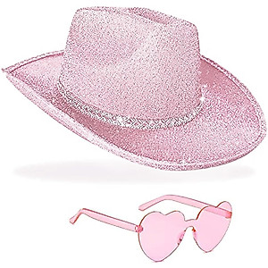 DAJOOEE Cowgirl Hat with Heart Sunglasses Glitter Cowboy Hat for Women Cosplay Bachelor Party Costume Hats (Pink)