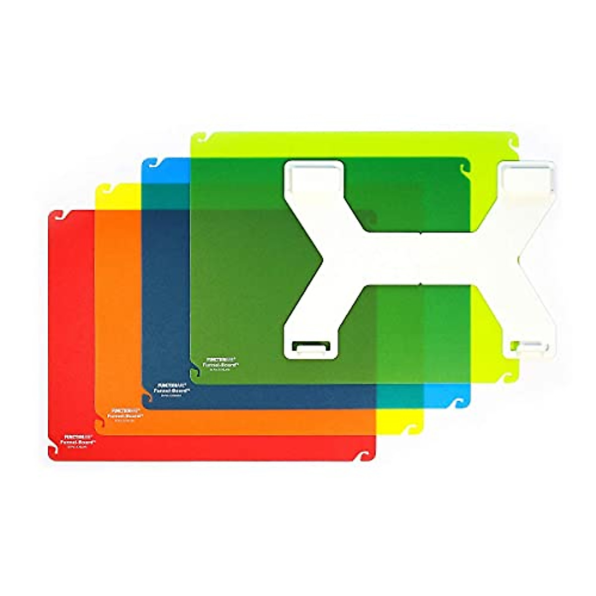 FUNCTIONAIRE Funnel-Board Kit – 4 Cutting Boards That Convert to a Funnel or Scoop. Includes EZ Mount Storage Holder That mounts Inside Cabinet Doors (no Screws Required). Watch Demo Video.