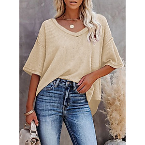 Dokotoo Womens Summer Casual Ladies V Neck Short Sleeve Shirts Waffle Knit Henley Tunic Tops Loose Fit Flowy Blouses Office Fashion 2025 Summer Apricot L