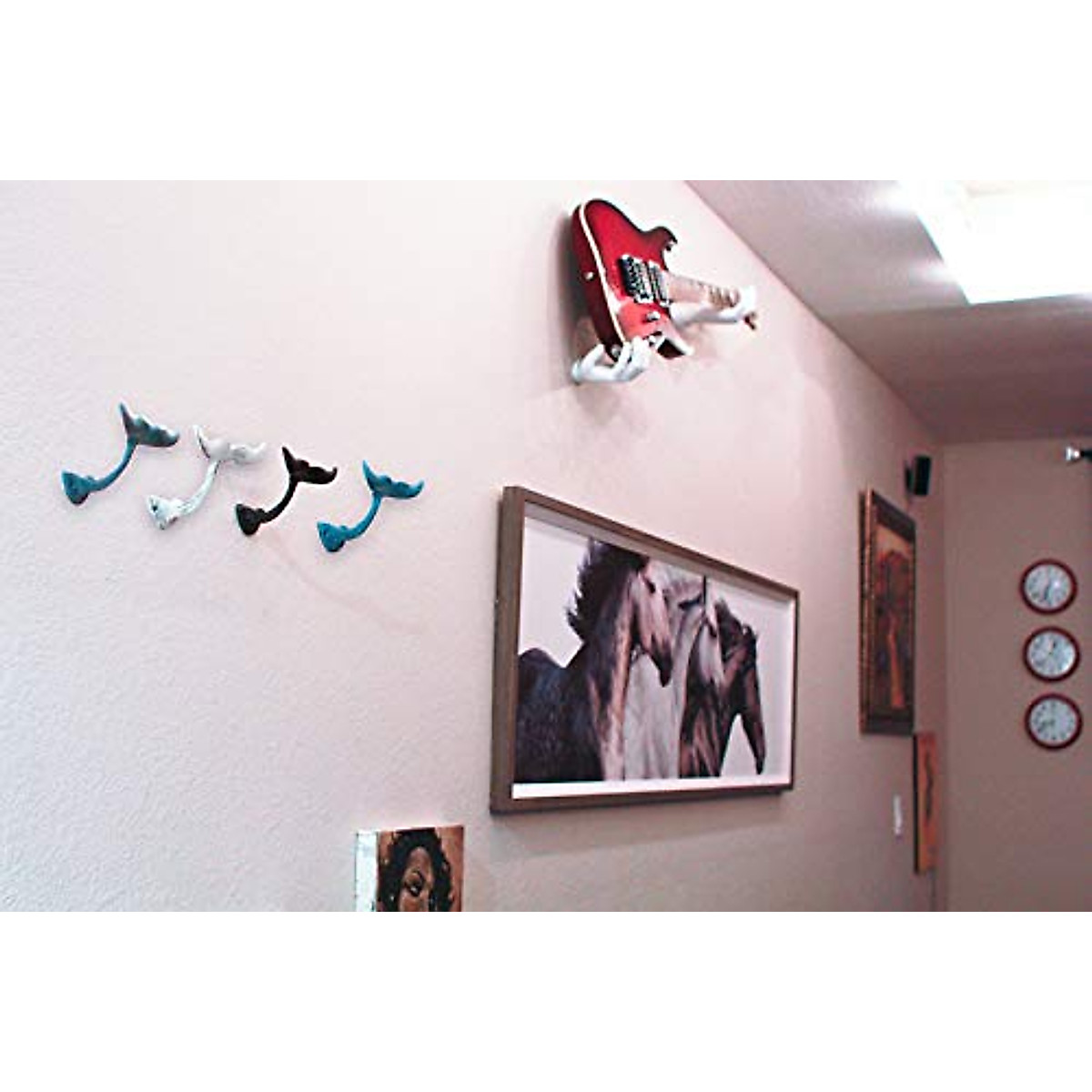Zeckos Set of 4 Colorful Cast Iron Whale Tail Wall Hooks Decorative Coastal Metal Hangers