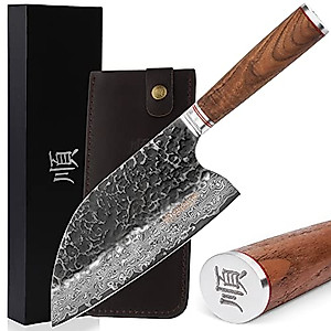 YOUSUNLONG Hybrid Cleaver Outdoor Heavy Duty Meat Cleaver 8 Inch Hammered Damascus Natural Walnut Wood Sheath with Leather