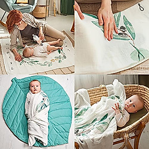 Baby Milestone Blanket | Cotton Muslin Blanket | Monthly Milestone Blanket for Baby Boy or Girl, Unisex | Newborn Baby Shower Present for New Mums | Flowers & Leaves Theme | Includes Wooden Frames