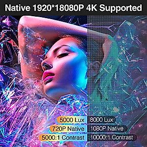 WiFi Bluetooth Projector 4K Supported, 10000L Native 1080P Outdoor Movie Projector 300" Display Home LED Video Projector with Keystone&70% Zoom for Phone/PC