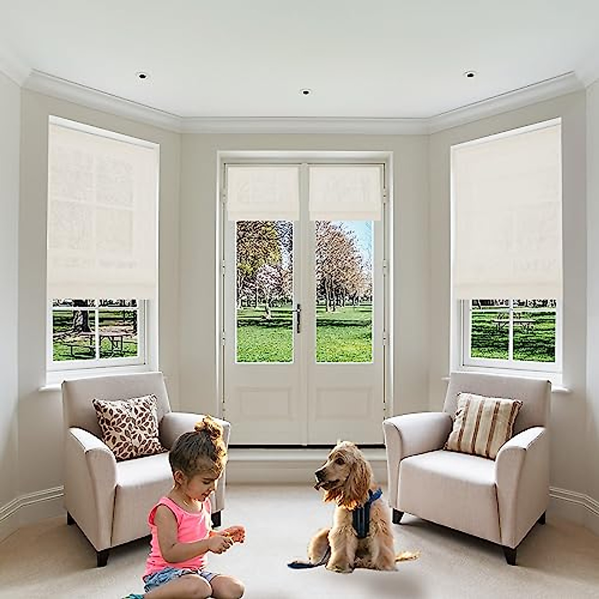 Cordless Roman Shades Window Blinds, Light Filtering Linen Blend Fabric Window Roman Shades for Windows, Doors, Bedroom, Living Room, White