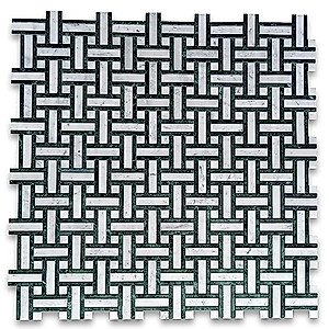 Stone Center Online Carrara White Marble 1 inch Twine Basketweave Mosaic Tile w/Indian Green Honed Kitchen Bath Wall Floor Backsplash Shower (1 Sheet)