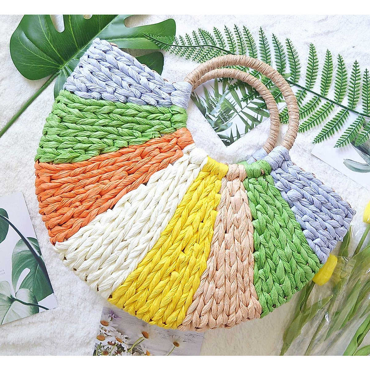 QZUnique Straw Handbags Rainbow Stitching Top Handle Tote Women's Summer Beach Natural Casual Satchel Shoulder Bag