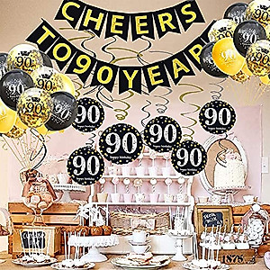 Trgowaul 90th Birthday Party Decorations Kit- Gold Cheers to 90 Years Banner, Pom Poms, 6Pcs Sparkling 90 Hanging Swirl, 90 Balloon, 15 Confetti Balloons(Black, Golden) for 90 Years Old Party Supplies