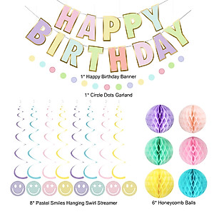 meowtastic Pastel Birthday Decorations - Macaron Happy Birthday Banner with Honeycomb, Smiley Face Hanging Swirl Streamer, Circle Dot Garland Decorations - Birthday Party Decorations for Boys Girls