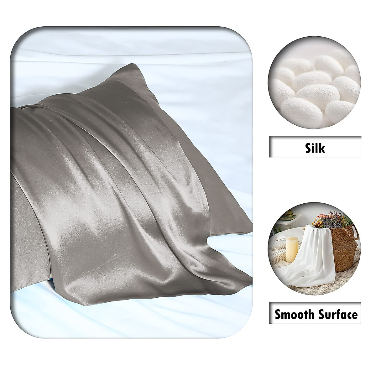 Natural Mulberry Silk Pillowcase with Hidden Zipper for Hair and Skin Standard Size 20"X 26" Soft Breathable Smooth Cooling Pillow Covers for Sleeping(Gray,1Pcs)