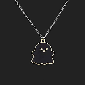 2 Pcs Black White Ghost Pendant Necklace, Lovely Ghost Enamel Charm Necklace for Women Girls Friendship BFF Couple Memorial Jewelry Valentines Day Halloween Costume Decor, One-size