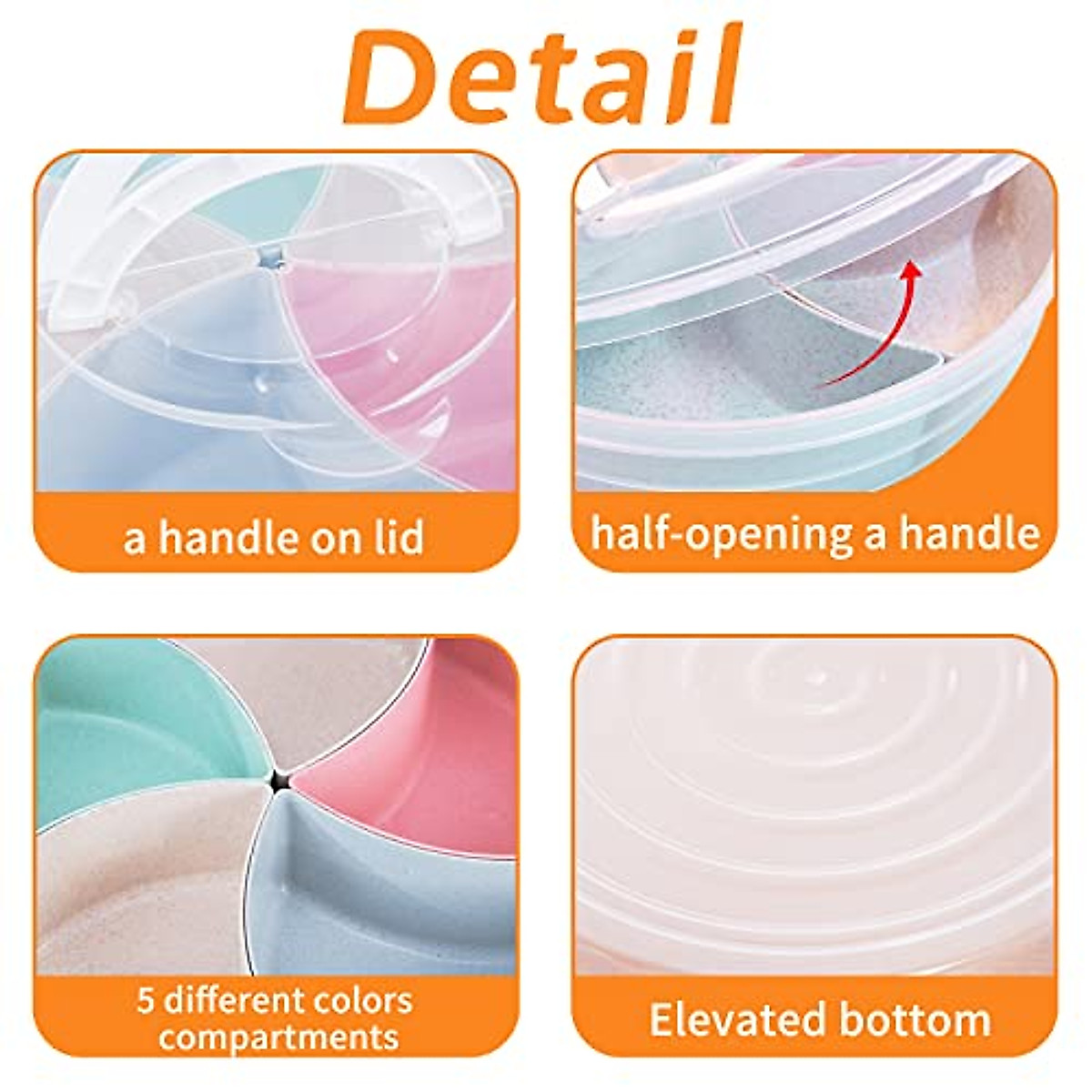 Round Divided Serving Tray Platter with Lid & Handle Storage Container, 5 Colorful Compartment Box Clear Organizer, Compartment Party Platter for Candy, Appetizer, Snack, Fruit, Nuts, Veggie, Parties