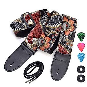 CLOUDMUSIC Guitar Strap For Acoustic Electric Embroidered Jacquard Vintage Floral Patterns(Flowers In Black)