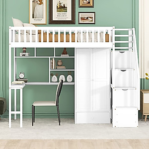 Quarte Multifunctional Wooden Twin Size Loft Bed with Built-in Desk,Bookshelf and Wardrobe,Drawers and Storage Stairs,for Kids Boys Girls Teens Adults Bedroom (White@r)