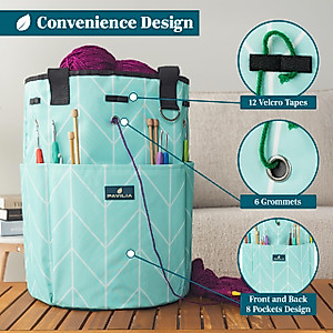 PAVILIA Crochet Bag Knitting Bag Organizer, Yarn Bag Storage Tote for Crocheting On The Go, Knitting Accessories Supplies Holder with Grommets, Gift for Crochet Lovers Knitters (Chevron Teal)