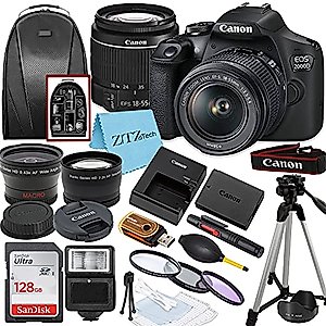 Canon EOS 2000D / Rebel T7 DSLR Camera with EF-S 18-55mm Zoom Lens + SanDisk 128GB Memory Card + Tripod + Case + Wideangle Lenses + ZeeTech Accessory Bundle (20pc Bundle) (Renewed)