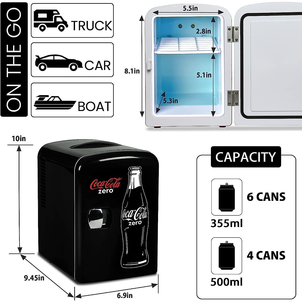 Coca-Cola Zero CZ04 4 Liter/4.2 Quarts 6 Can Portable Cooler/Mini Fridge, Beverages, Baby Food, Skincare and Medications-Use at Home, Office, Dorm, Car, RV or Boat-AC & DC Plugs Included, Black/Red