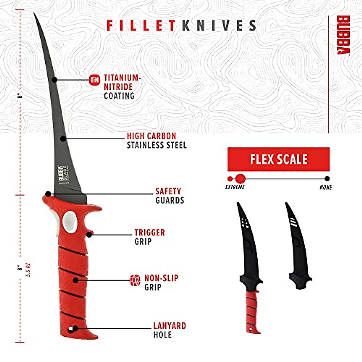 BUBBA 8 Inch Ultra Flex Tapered with Non-Slip Handle, Full Tang Stainless Steel Non-Stick Blade, Lanyard Hole and Synthetic Sheath for Fishing, Boating and Hunting