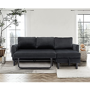 Modern Velvet Pull Out Sleeper Sofa Bed with Chaise, Comfy L Shaped Convertible Sleeper Couch with Storage and Pocket, Sectional 3 Seat Couch for Living Room Furniture or Office, Smooth Back - Black