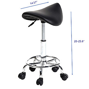WEI WEI GLOBAL Adjustable Spa Stool, PU Leather Cushioned Salon Seat, Rolling Swivel Office Chair, Massage Barber Stool on Wheels for Drafting Tattoo Beauty Facial Spa (Saddle, Black)