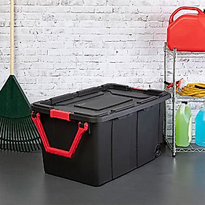 Sterilite 40 Gal Wheeled Industrial Tote, Stackable Storage Bin with Latch Lid, Plastic Container with Heavy Duty Latches, Black Base and Lid, 4-Pack