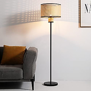 VidaLite Nakuv - Modern Bohemian Floor Lamp with 2 Tier PVC Rattan Shade and Velvet Stiched Rim for Foyer, Kitchen Living Room, Bedroom, Beige