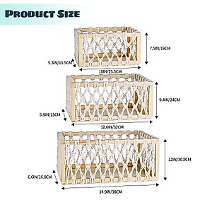 Wongblee Macrame Storage Baskets Set of 3, Decorative Wood Baskets, Nesting Organizer Boxes for Shelves, Boho Room Décor