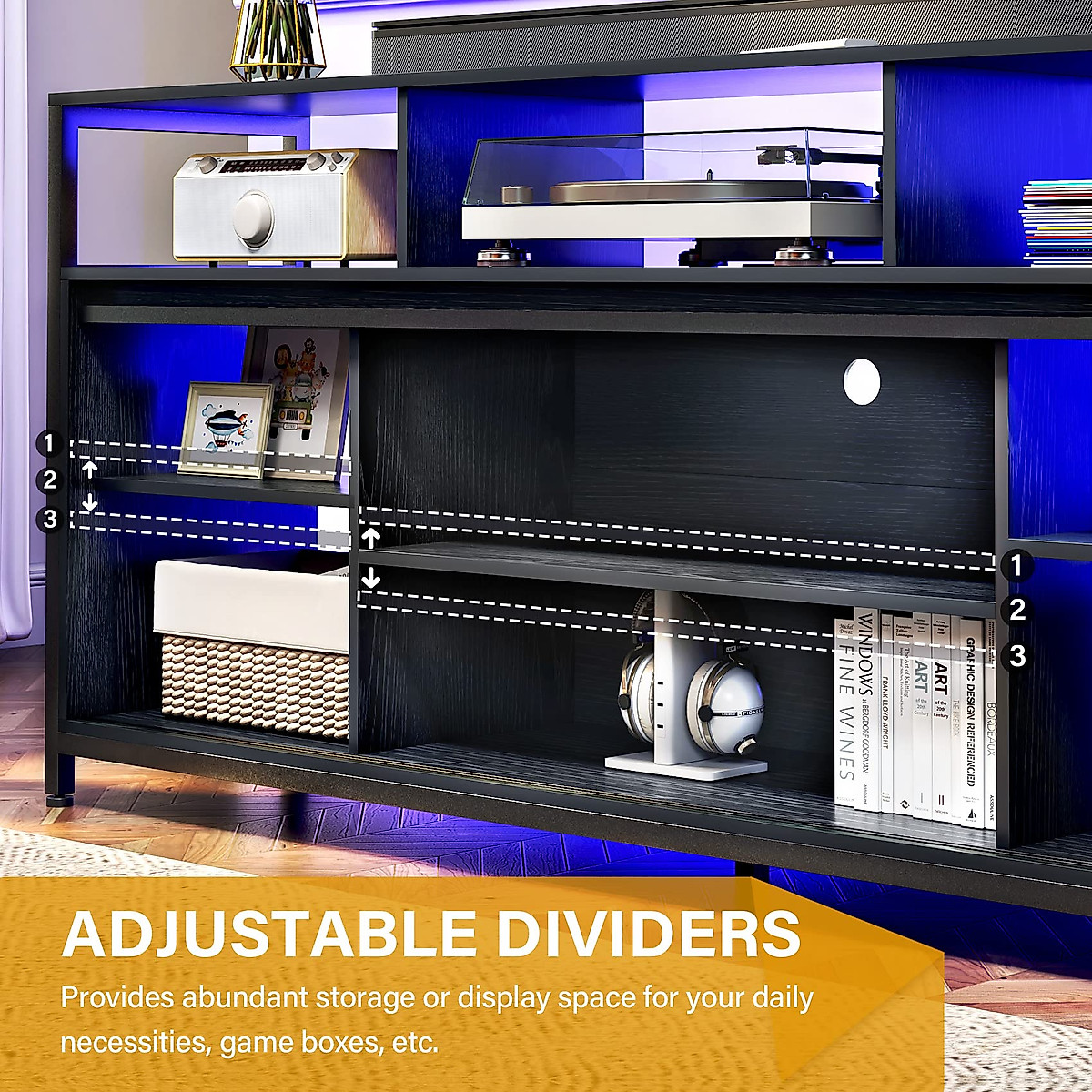 Mid Century Modern Black TV Stand with Sliding Barn Doors, Charging Station, LED Lights, and Storage Shelves for up to 70 inch TVs