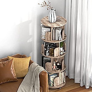 Nidouillet Rotating Bookshelf, 4 Tier Revolving Bookcase with Brake Wheels 360° Display Round Bookshelf Narrow Swivel Corner Book Shelf Standing Bookcase Adult Bedroom, Living Room - Oak Grey