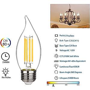 KGC LED Candelabra Bulb, 2700K Warm White 450LM, LED Dimmable Edison Bulb,4.5W Equivalent to 60W, E26 Medium Base LED Candle Bulbs, CA11/C35 Clear Glass Flame Shape Bent Tip - 6 Pack