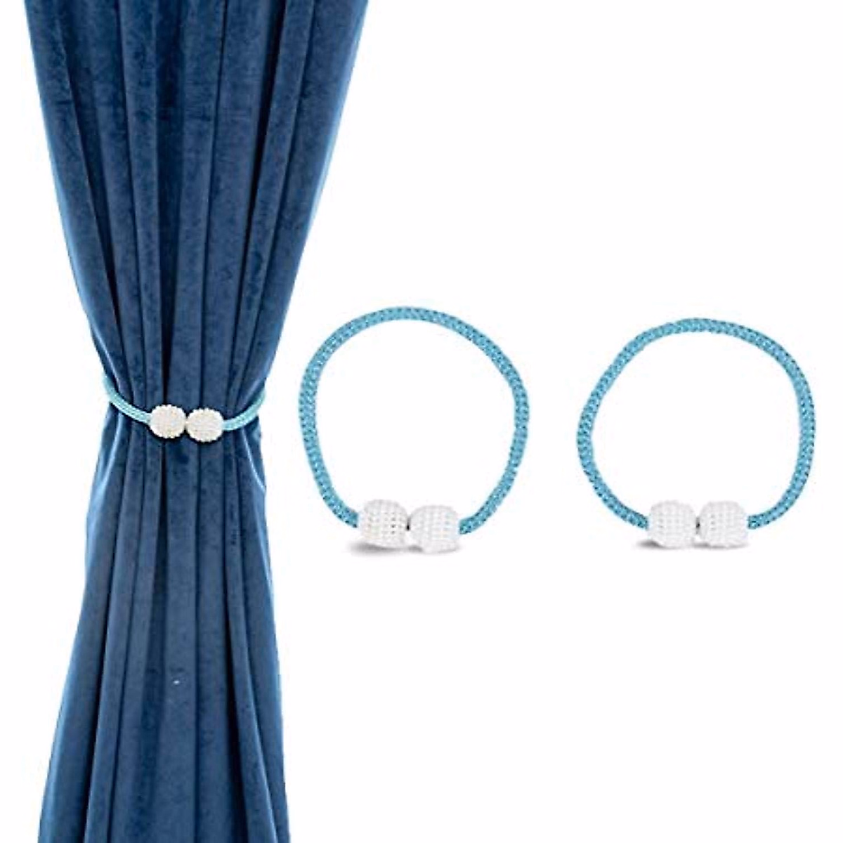Fullgaden 2 Pcs Magnetic Curtain Tiebacks Convenient Drape Tie Backs Pearl Decorative Rope Holdback Holder for Small, Thin or Sheer Window Drapries, Light Blue