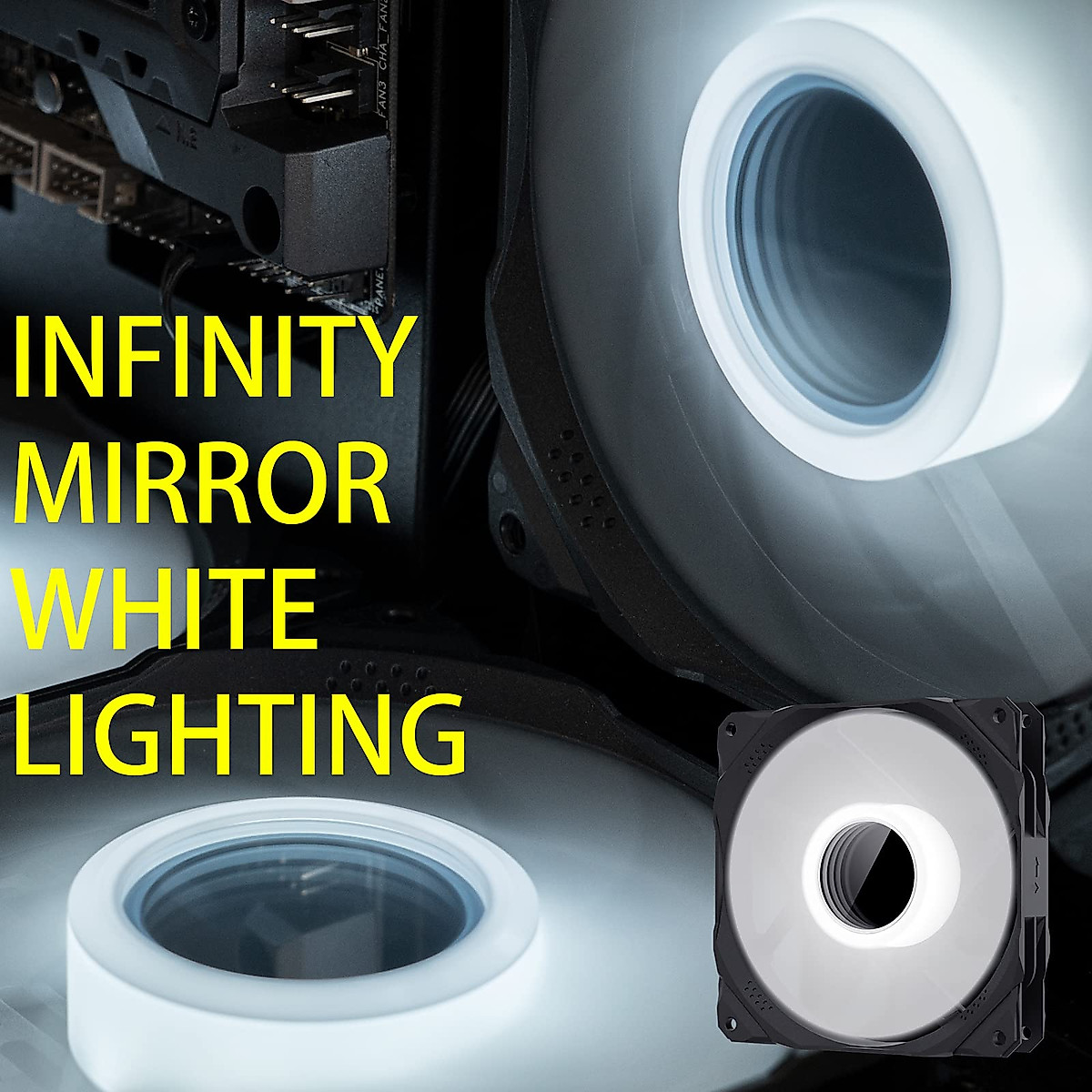 upHere 120mm PC Case Fan, 3-Pin, Infinity White Ring LED, 6.36W, 12V, 2000 RPM, 2E+1 dB, Desktop Compatible