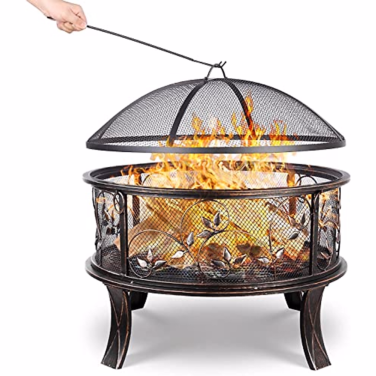 Portable Fire Bowl 27 Inch Fire Pit, Outside Fire Pit, Garden Fireplace with Spark Guard, Poker & Charcoal Grate, Fire Pits for Patio Camping Backyard Balcony, Elk Pattern