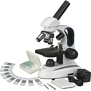 AmScope M158C-2L-PS25 Cordless Compound Monocular Microscope, WF10x and WF25x Eyepieces, 40x-1000x Magnification, Upper and Lower LED Illumination with Rheostat, Brightfield, Single-Lens Condenser, Coaxial Coarse and Fine Focus, Plain Stage, 110V or Batte