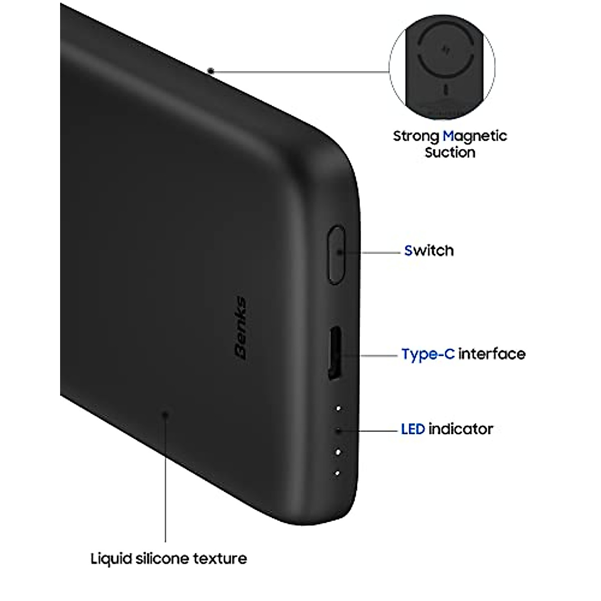 BENKS Magnetic Wireless Power Bank Compatible with Magsafe, Ultra-Thin 5000 mAh Magnetic Battery Pack for iPhone 14, iPhone 13, iPhone 12 Series, Portable Charger with USB-C Cable